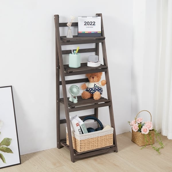 4 Tier Foldable Solid Wood Ladder Bookcase Storage Shelf - 16.1x12.8x43 ...