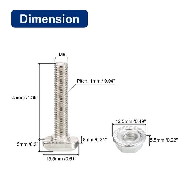 M6x20mm T Slot Drop-in Bolt and M6 Hexagon Flange Nut Set, 20 Sets ...
