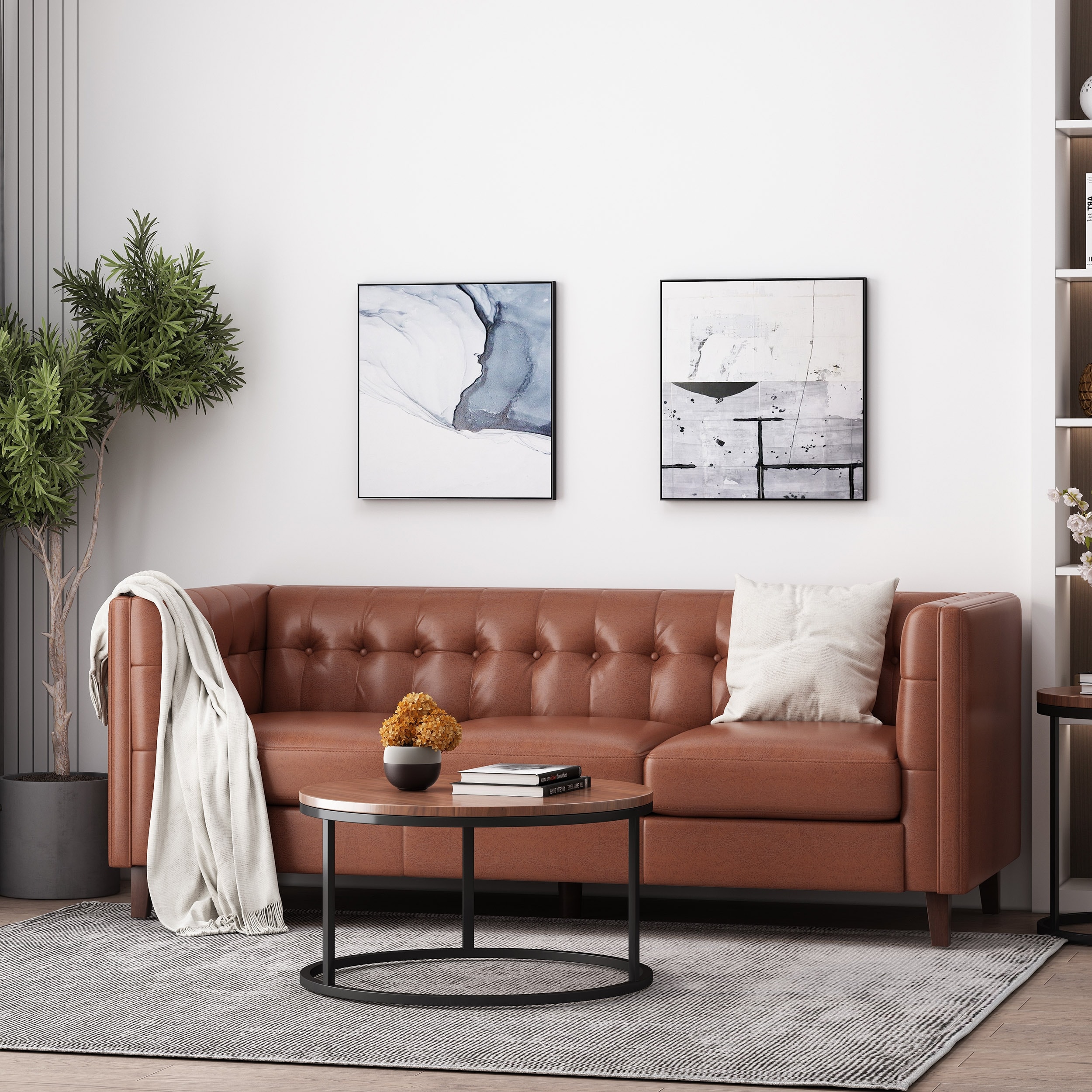 Small Spaces PU Leather Sofa Light Brown Waffle Tufted Back Couch