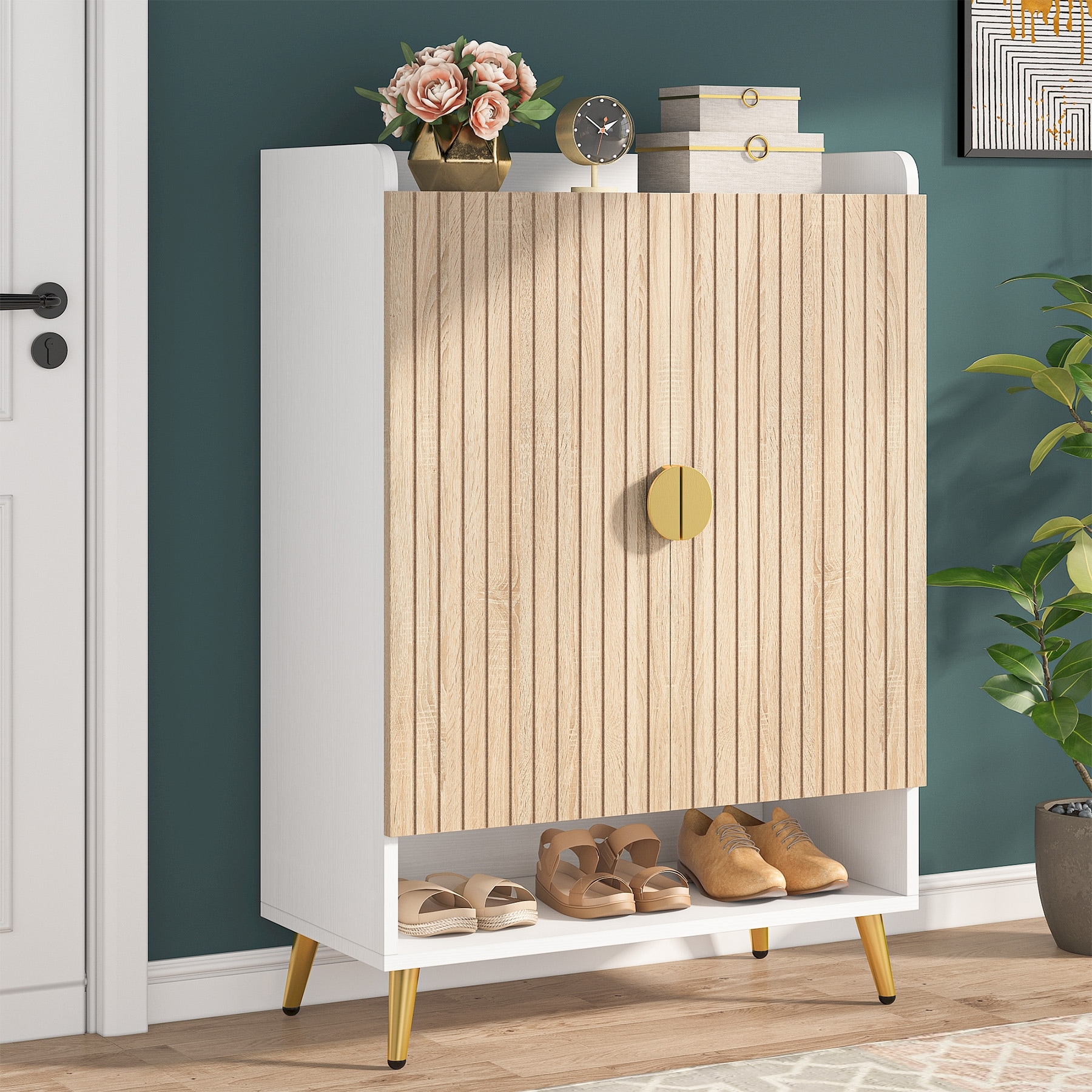 Entryway Slim Shoe Storage Cabinet with Adjustable Shelves and Open ...