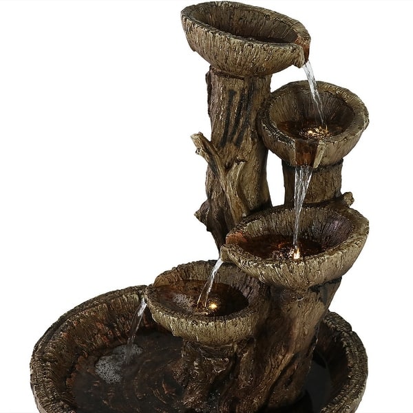 Sunnydaze Outdoor Five Tier Wooden Bowl Water Fountain with LED - 32 ...