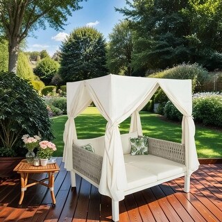 Outdoor Patio Sunbed Daybed with Curtains, Rubber Core Rope Weaving ...