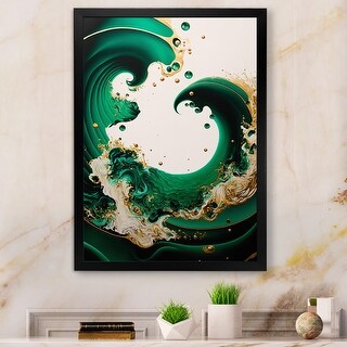 Designart "Emerald Green And Gold Abstract Waves I" Modern Framed Art ...