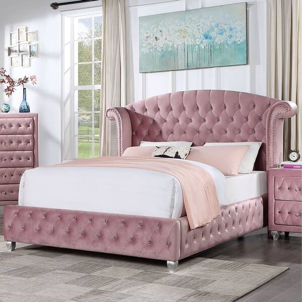 Vyvi Glam Upholstered Pink Button Tufted Wingback Panel Bed by ...