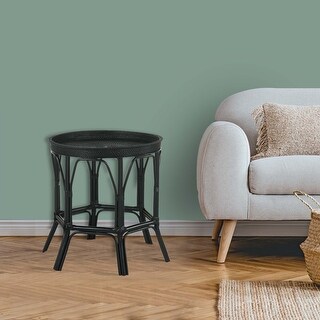 Raya 26 Inch Accent Table, Woven Rattan Tray Edge Tabletop, Black ...