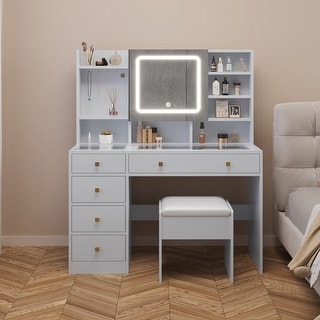 Modern Particleboard Dressing Table with Glass Top, 5 Drawers, LED ...
