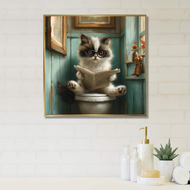 Designart "Cute Cat With Glasses Reading Newspaper On Toilet" Toilet ...