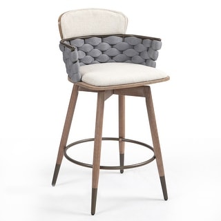Bechor Beige and Gray Woven Fabric Counter Stool with Natural Wood Legs ...