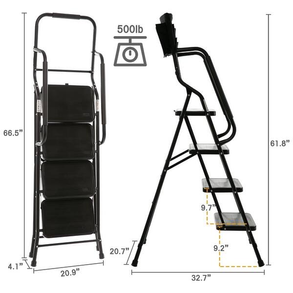 4 Step Ladder Tool Ladder Folding Portable Steel Frame Max 500 Lbs Non