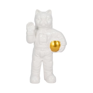 12" Ceramic Astronaut Cat Sculpture Contemporary Modern White and Gold ...