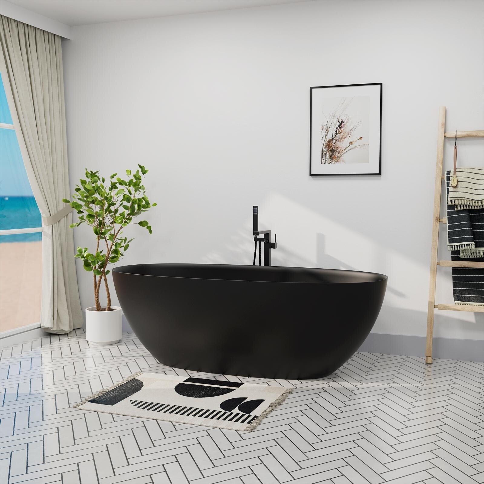 Vanity Art 59 Or 67 Stone Resin Oval Freestanding Bathtub Soaking Tub With Overflow And Pop