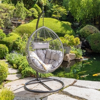 Roomfitters Outdoor Hanging Egg Chair with Woven Rattan Frame and Plush ...