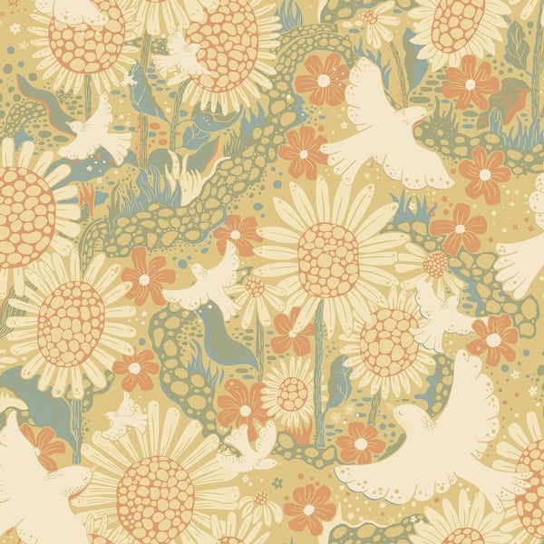A-Street Prints Dromma Coral Songbirds and Sunflowers Wallpaper - Bed ...