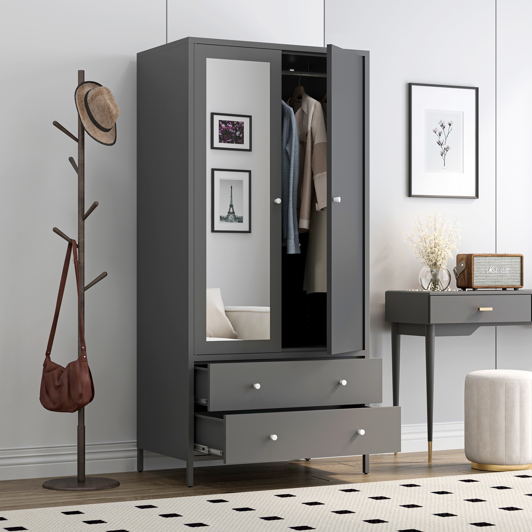 Metal Armoire Wardrobe with Drawers Mirror Door Grey