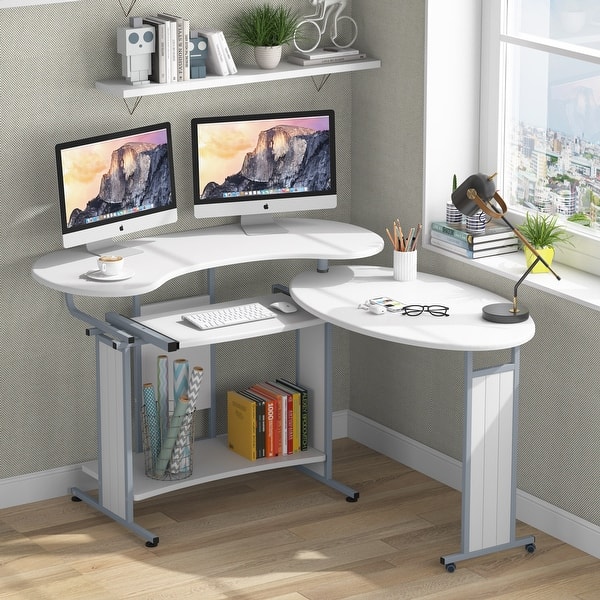 Black Modern Rotating L-Shaped Computer Desk, White Contemporary Corner ...