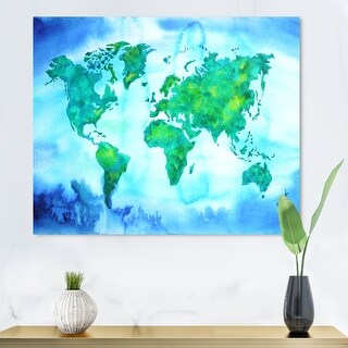 Designart "World Map Blue Green Tone III" Modern Canvas Wall Decor ...