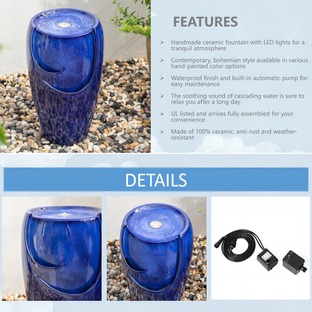 Demta 21-inch Ceramic Pot Fountain with Pum LED Light by Havenside Home ...