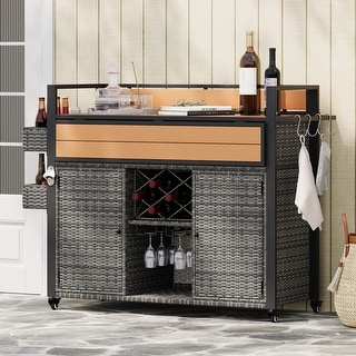 Wicker Storage Cabinet, Movable Rolling Kitchen Island with Extended ...