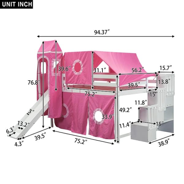 Full Size Castle Loft Bed with Slide & Staircase, Tent & Tower - Bed ...