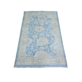 Hand Knotted Blue Oushak And Peshawar with Wool Oriental Rug (3' x 5 ...