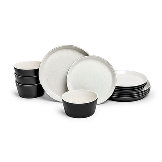 Sango Stockholm 12-Piece Black/White Stoneware Dinnerware Set - Service for 4, Plate & Bowl Set ...