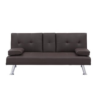 Brown Multifunctional Double Futon Sofa Bed with Central Cup Holder and ...