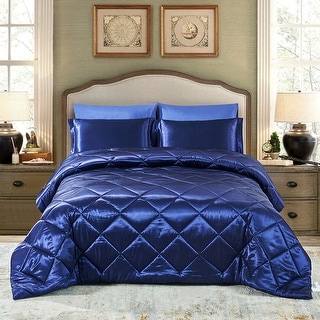 8 Pic Silky Satin Comforter Set Soft Luxury Quilted Queen Navy - Bed ...