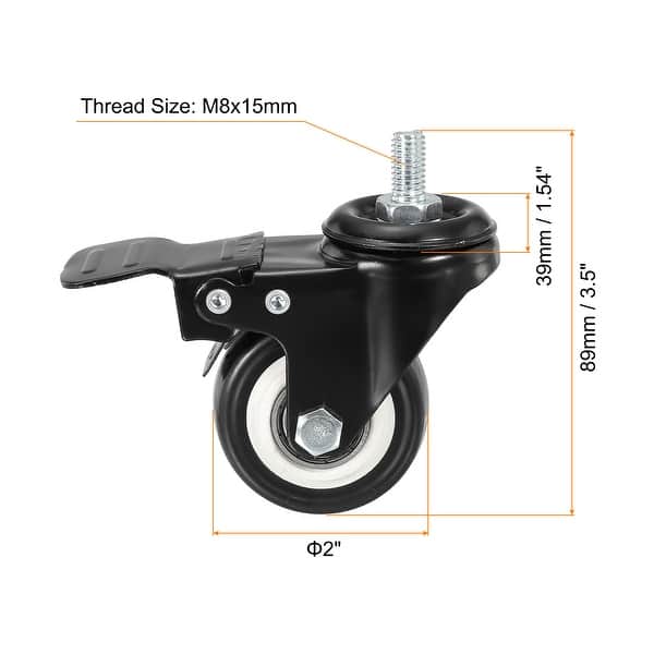2 Inch PU Swivel Threaded Stem Casters M8x15mm with Brake 110lbs Load ...