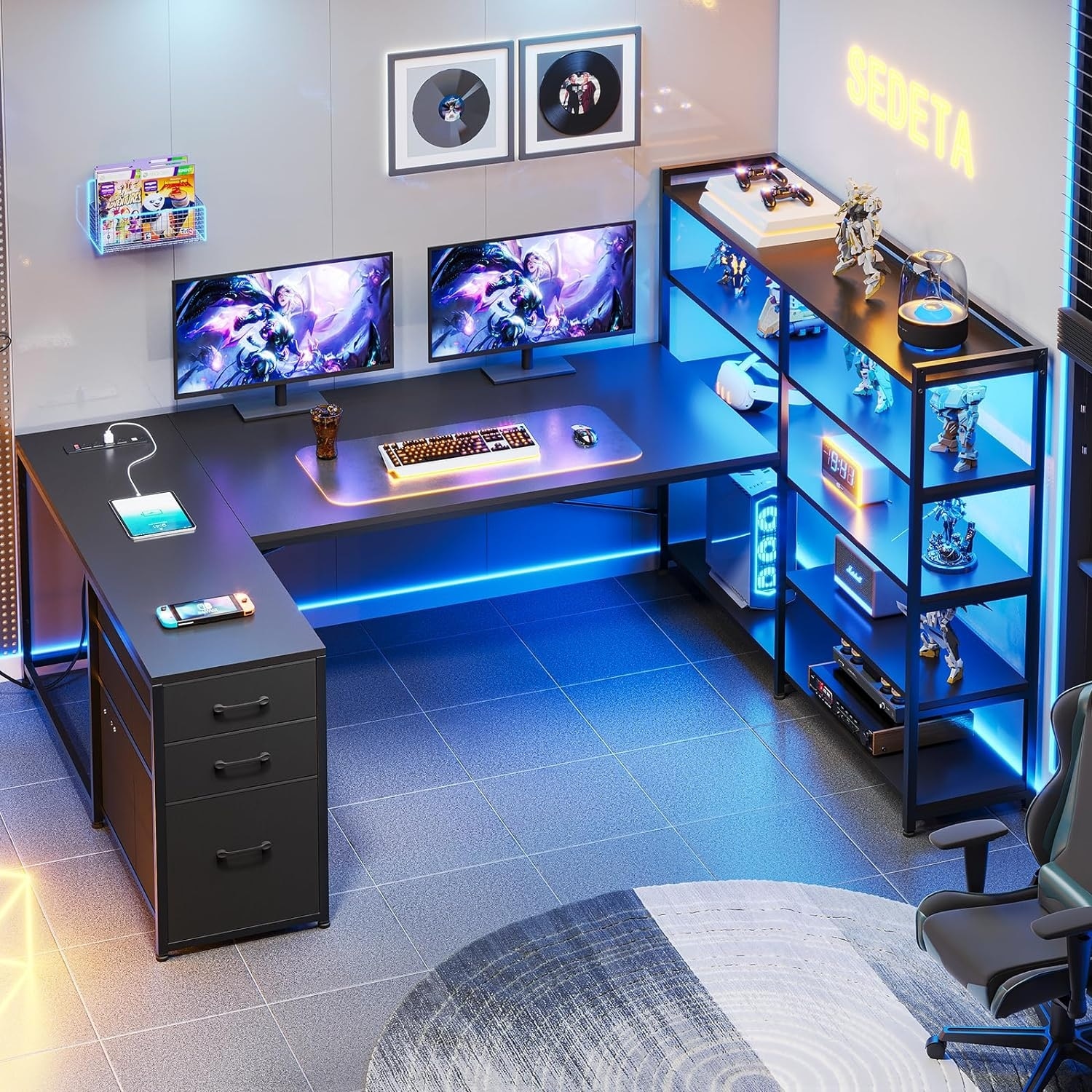 L Shaped Desk U Shaped Office Desk Gaming Desk 3 Drawers Shelves White
