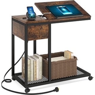 C Shaped Table with Outlet and USB Ports, Couch Side Table with ...
