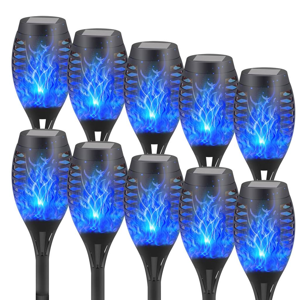 10 Pack Solar Lights Torches, Blue LED Flickering Flame Outdoor ...