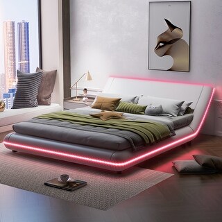 Leather Upholstery Platform Bed Frame with Sloped Headboard, Low Sleigh ...