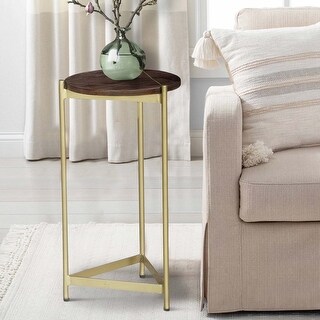 Brita 12 Inch Cocktail Accent Table, Round Wood Top, Triangular Gold ...