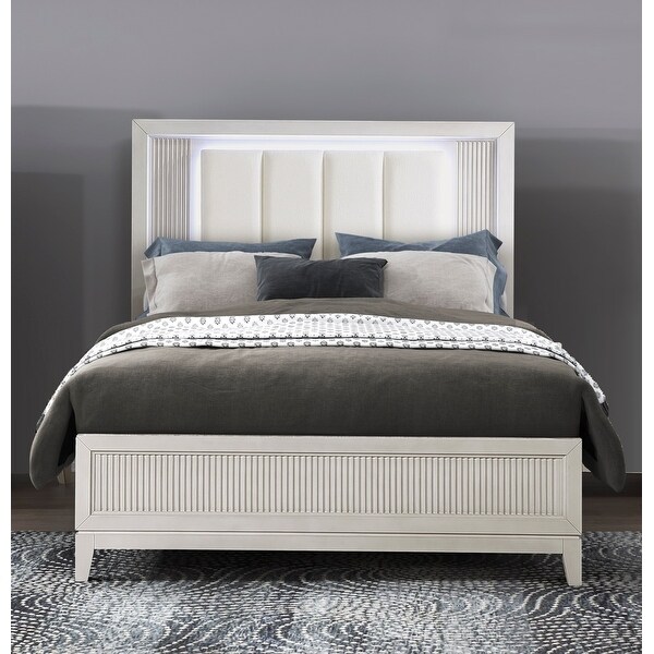 LED Lighted Queen Bed with Upholstered Headboard Reeded Fronts and Antique White Finish Modern Bedroom Furniture