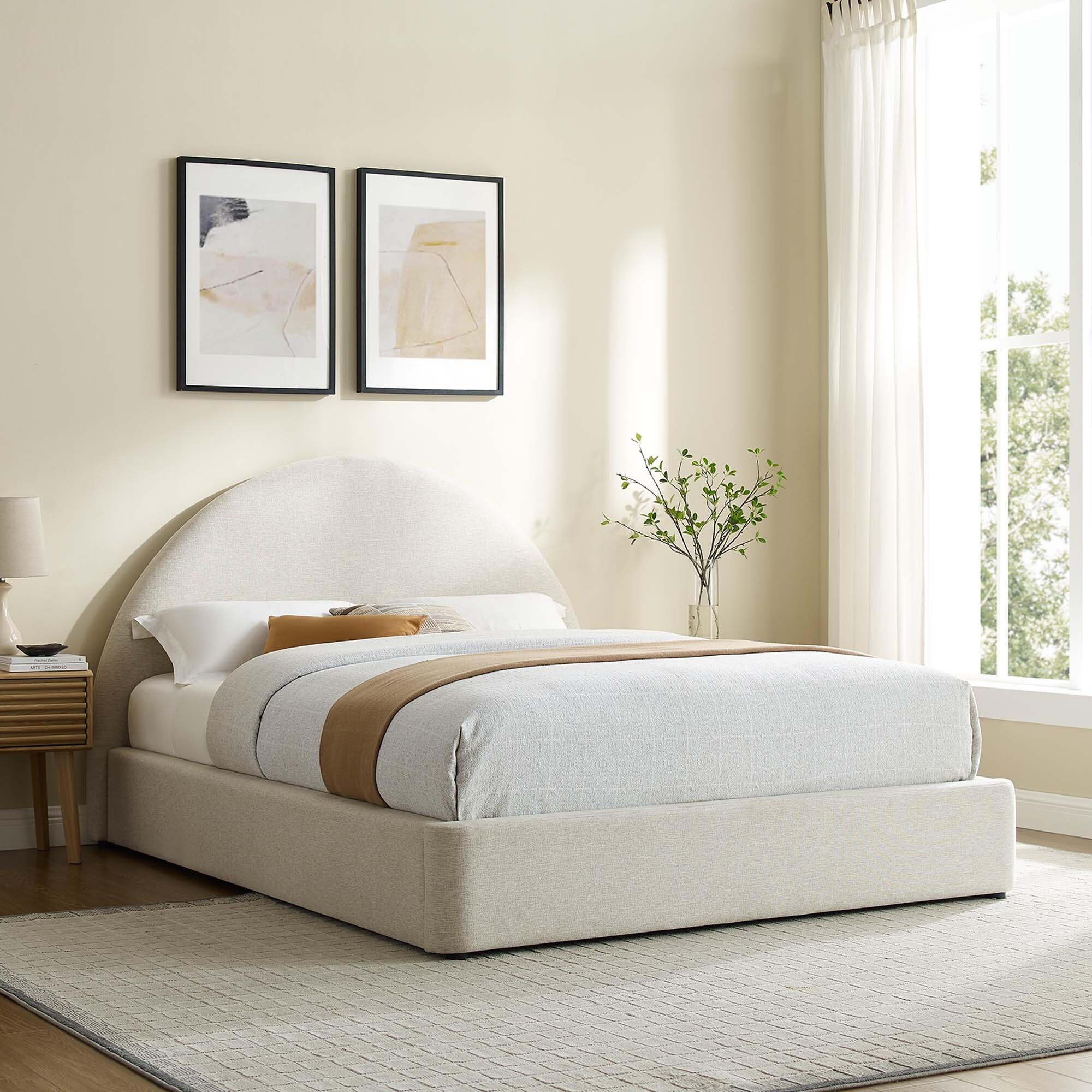 Solid Frame Full Size Upholstered Platform Bed with Thick Fabric, Curve ...