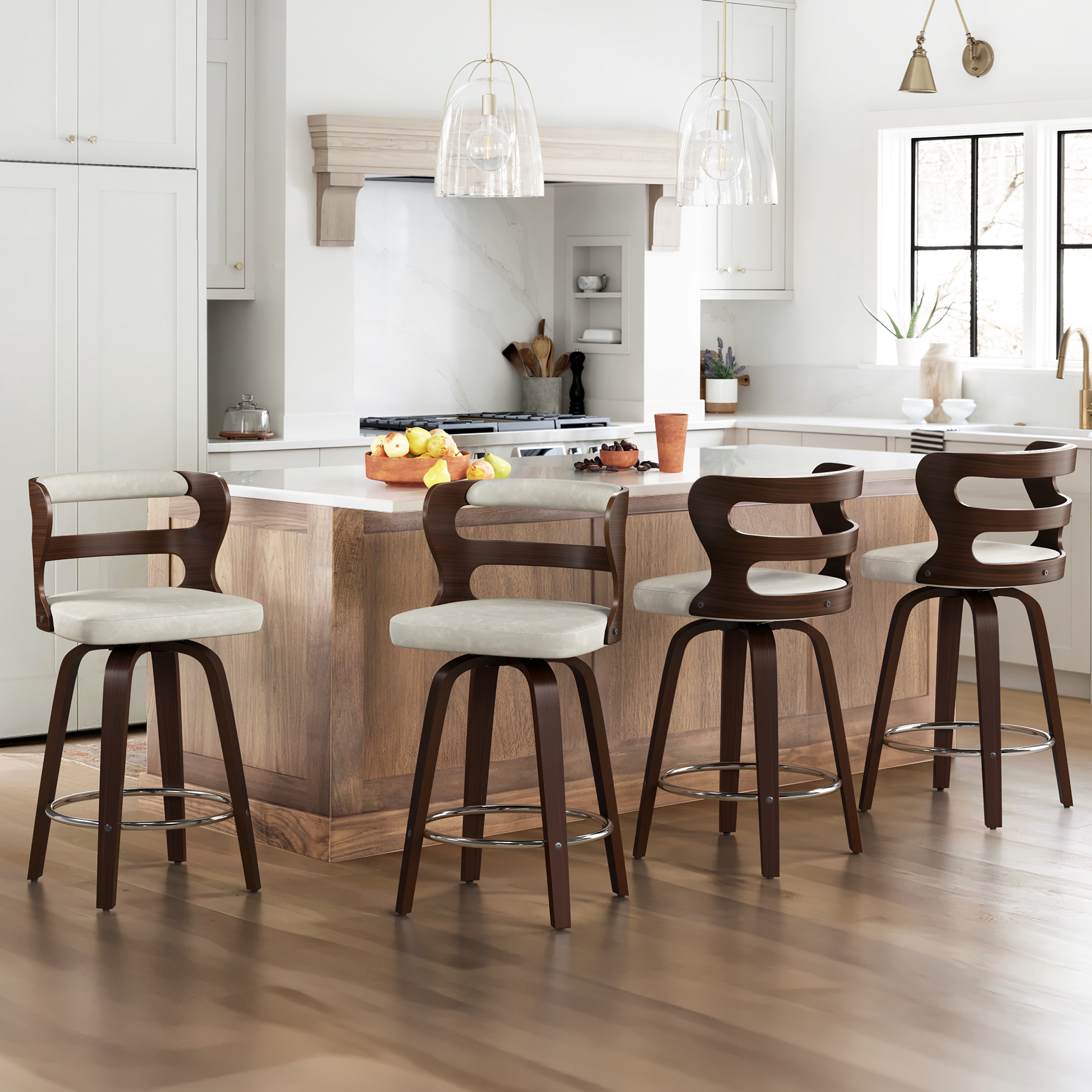 LUE BONA 26 H Modern Walnut Swivel Counter Height Stool Bar Stools with Back Set of 4 26 H