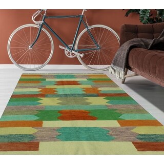Hand-Woven Winchester Kilim Jess Rust/Green Rug - 5'0" x 6'7" - Bed ...