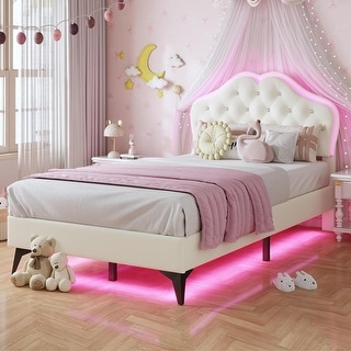 Girls Bed Frame Princess Platform Bed Crystal Button Headboard - Bed ...