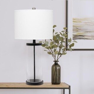 Enclosed Glass Table Lamp with Black Metal Accents Base and White ...