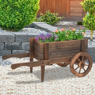 Decorative Wood Flower Cart Planter, Garden Wagon Decor with Wheels ...