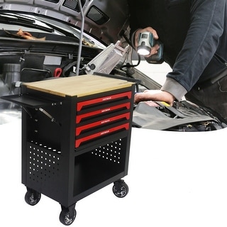 4 Drawers Multifunctional Tool Cart with Wheels and Wooden Top - Bed ...