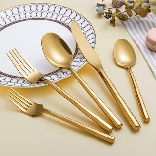 Silverware Set Flatware Set Shiny Gold Cutlery Set with Hexagon Handle ...