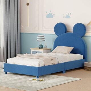 Blue Velvet Upholstered Bear Ear Platform Bed, Eye-catching Design ...