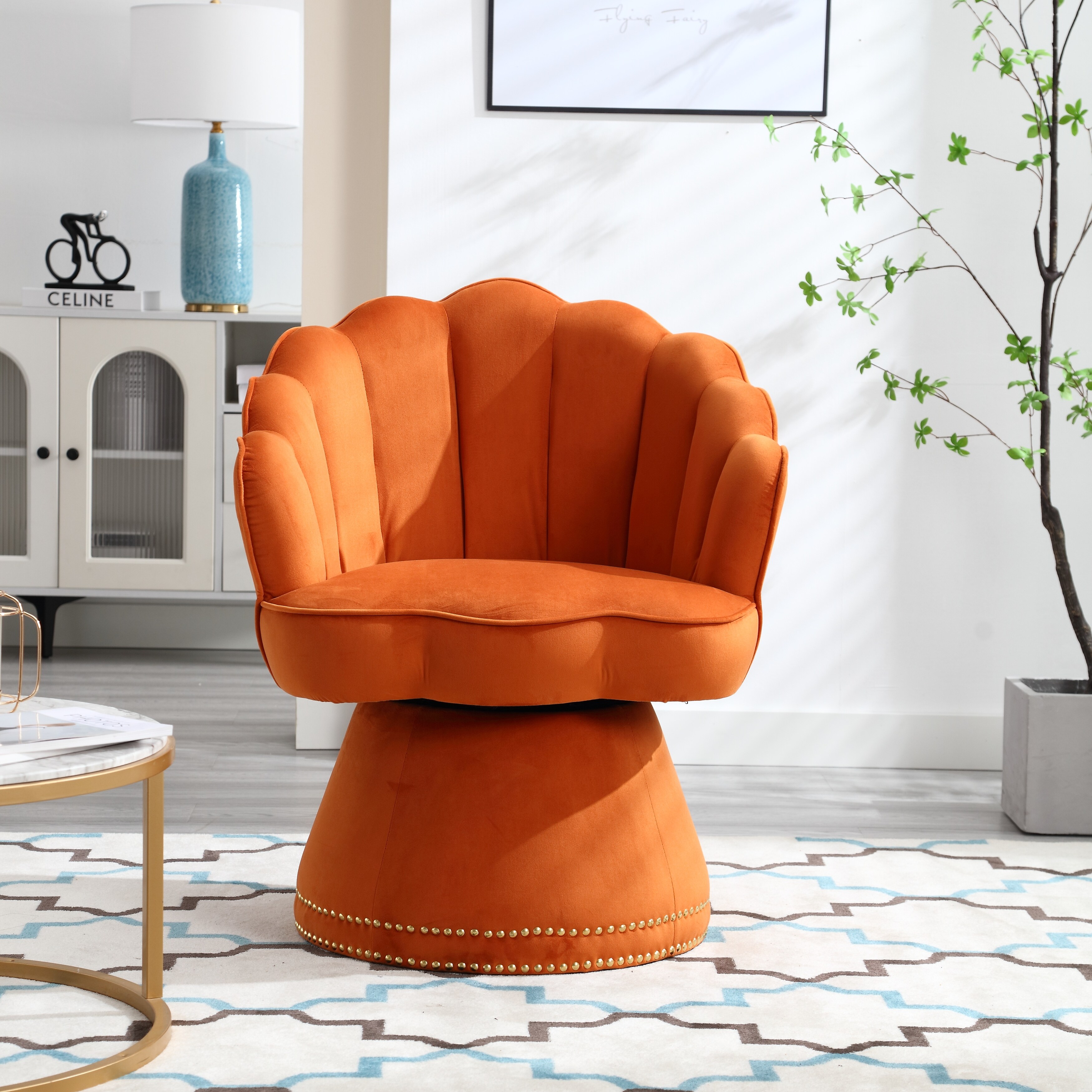 Swivel Round Barrel Chair in Velvet for Living Room Bedroom Orange