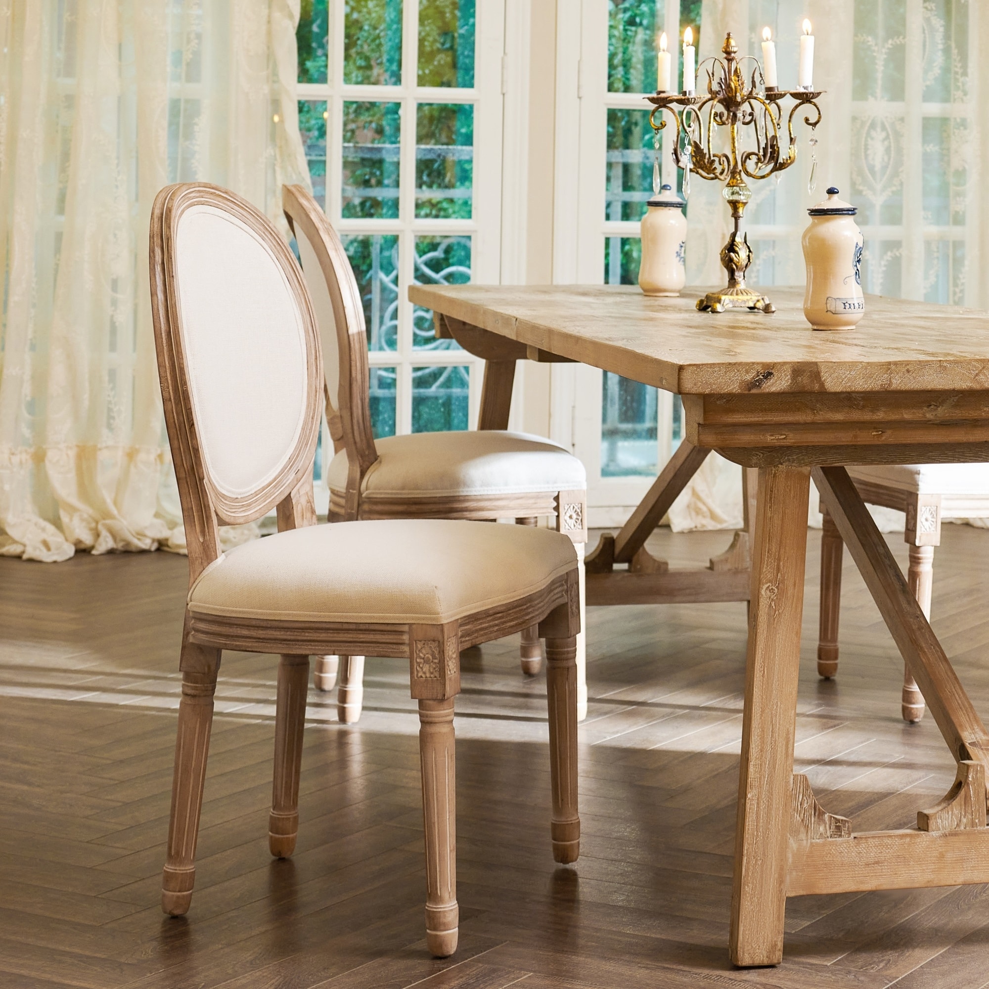 Upholstered King Louis Back Side Chair in Beige Set of 2