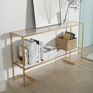 Gold Console Table, Narrow Glass Sofa Table, 2 Tempered Glass Shelves ...