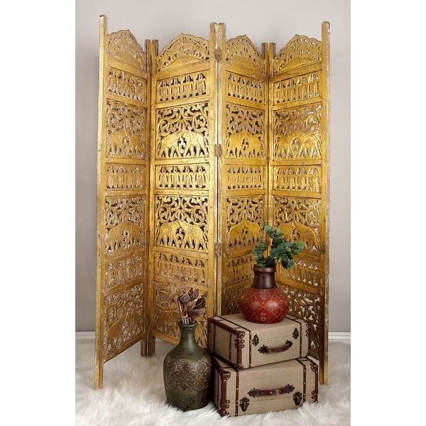 Gold Wooden Handmade Hinged Foldable Partition 4 Panel Scroll Partition ...