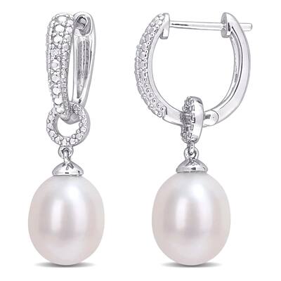 Miadora Sterling Silver Cultured Freshwater Pearl and Diamond Accent Drop Earrings (8.5-9mm ...