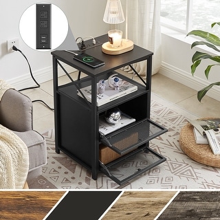 Nightstand End Table with Charging Station & 2 Flip Drawers, 2 USB ...