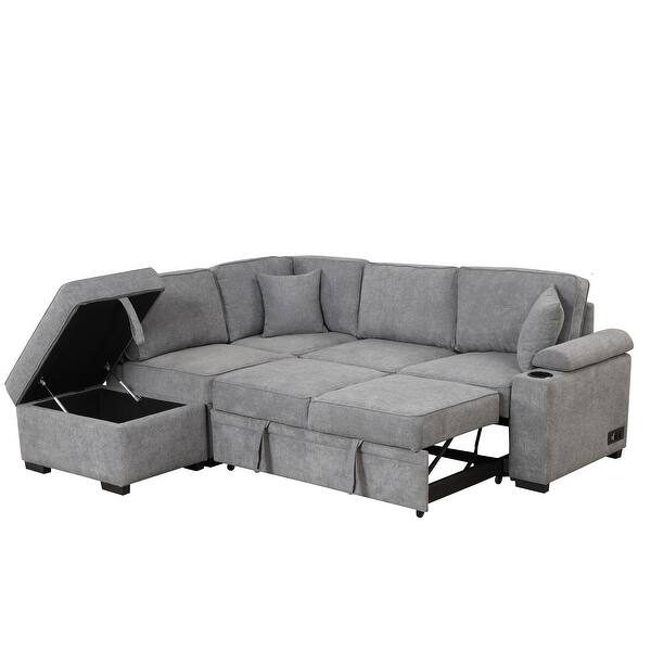 Pull Out Sleeper Sectional Sofa Set L-shape Linen Couch Set with ...